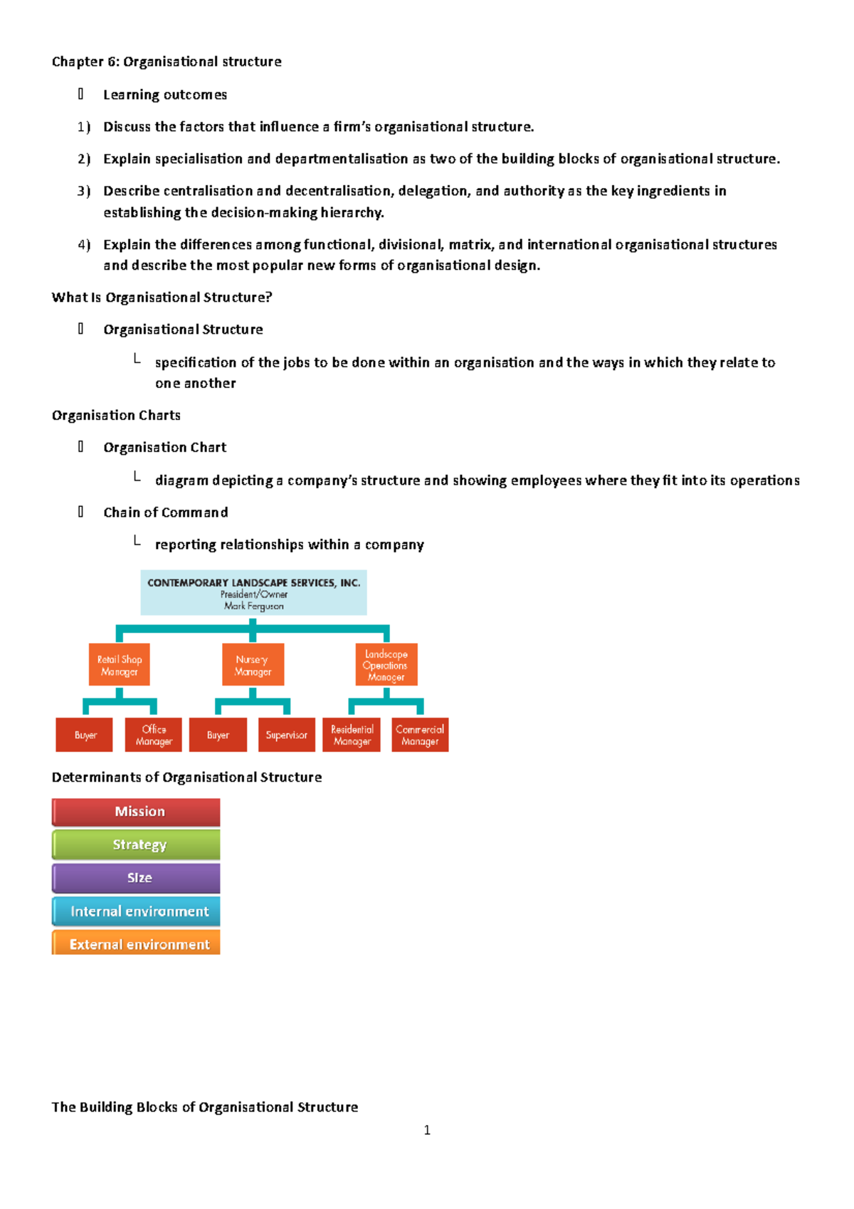 Chapter 6 - Chapter 6: Organisational structure Learning outcomes 1 ...