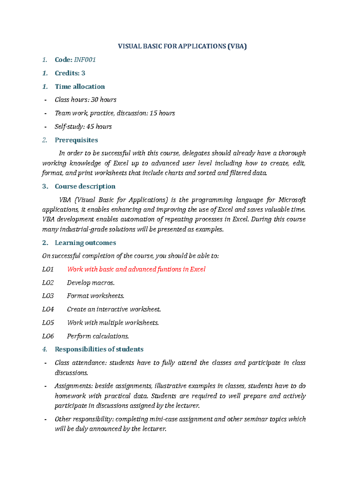 Syllabus Visual Basic FOR Applications - VISUAL BASIC FOR APPLICATIONS ...