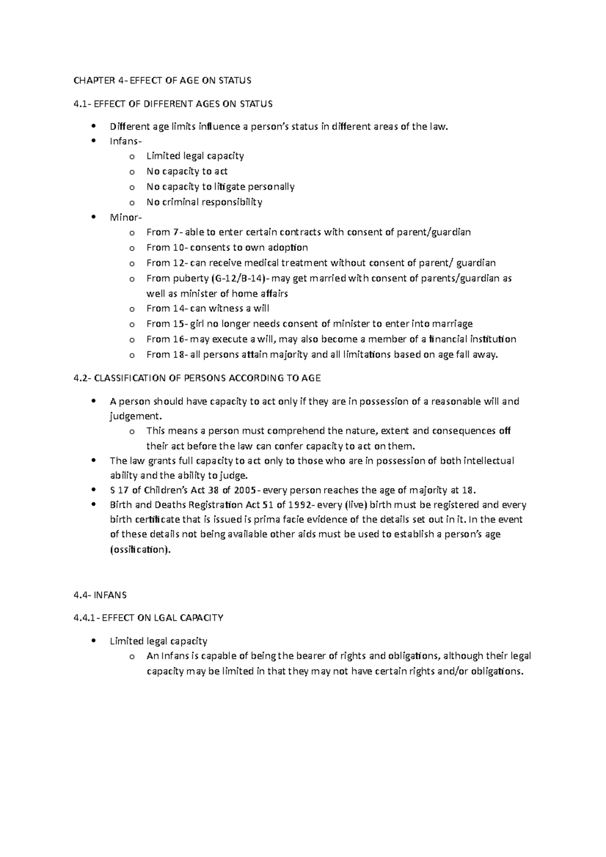 Law of Persons chapter 4 - 2019 - CHAPTER 4- EFFECT OF AGE ON STATUS 4 ...