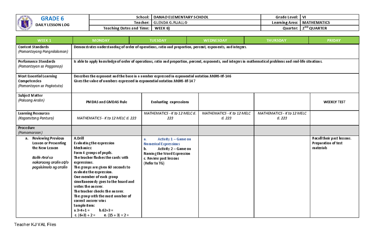 DLL-MATH6-WEEK-6 Q2-by-j - GRADE 6 DAILY LESSON LOG School: DANAO ...