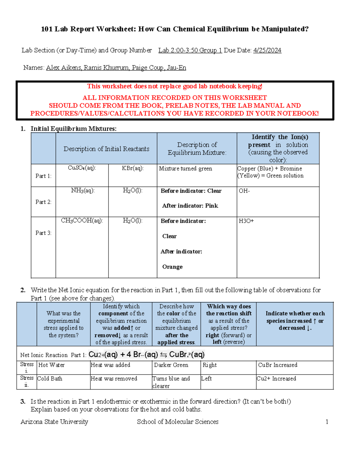 Lab 9 Worksheet Lab 9 Group Worsheet Arizona State University