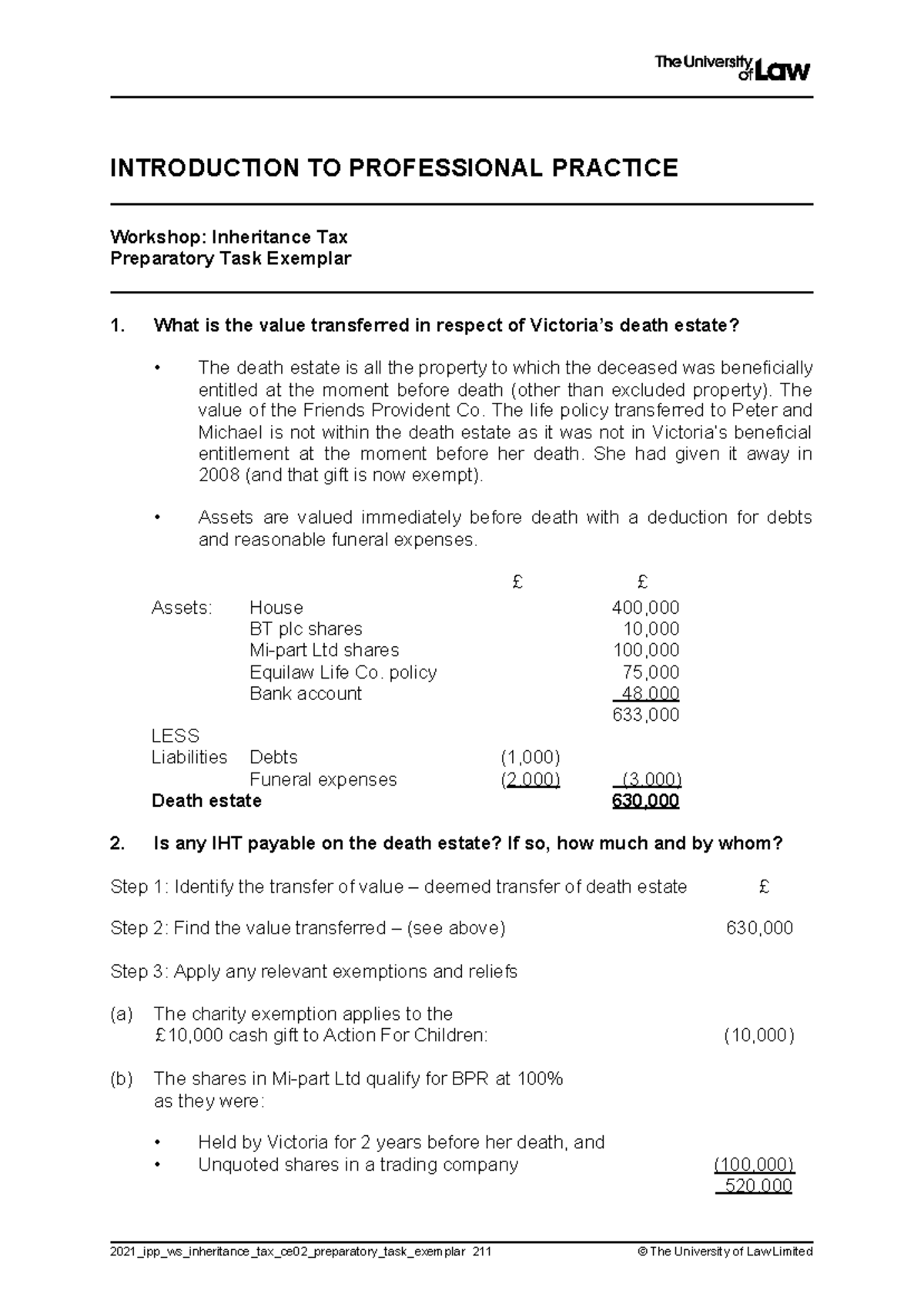 Prep task examplar - INTRODUCTION TO PROFESSIONAL PRACTICE Workshop: Inheritance Tax Preparatory ...