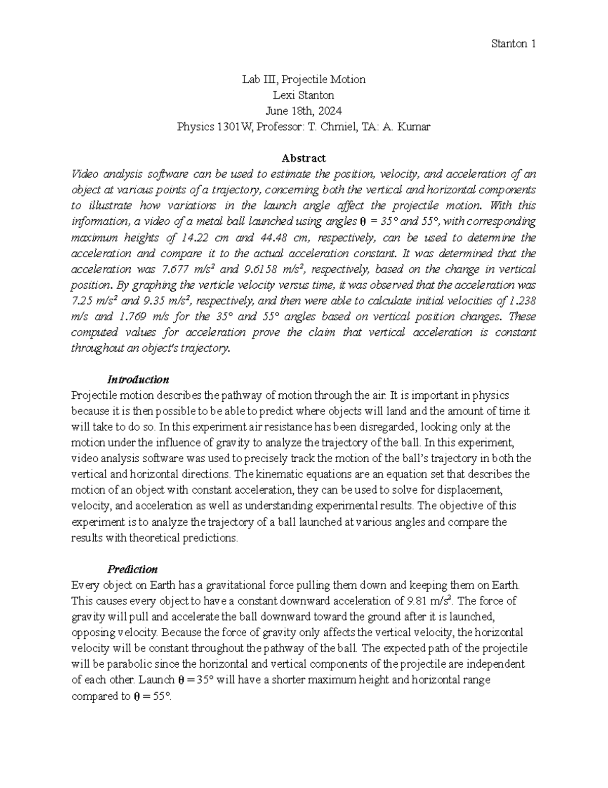 Lab Report 1- Projectile Motion - Google Docs - Lab III, Projectile ...
