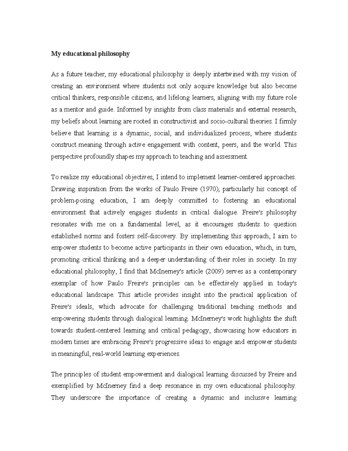 My educational philosophy - Informed by insights from class materials ...