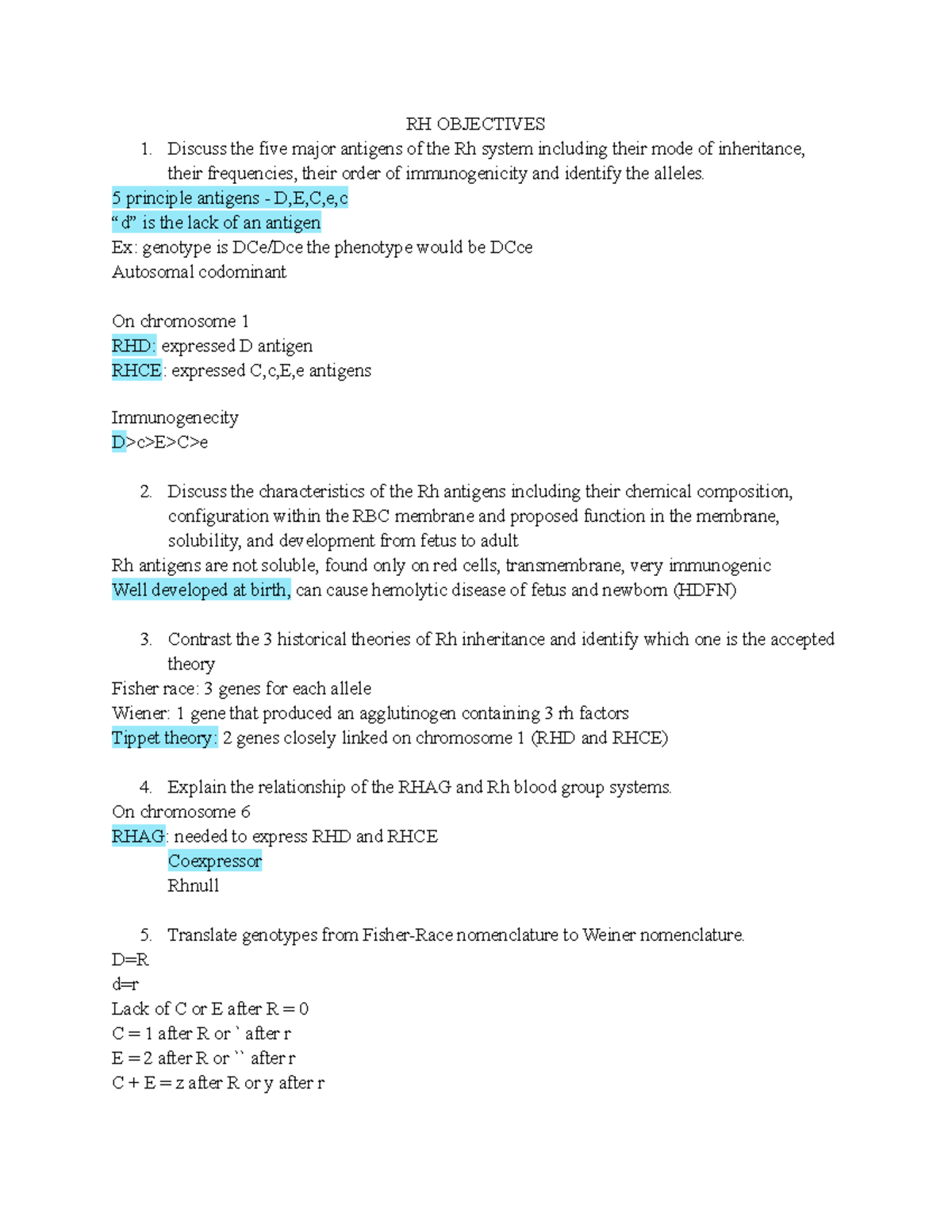 Rh objectives notes - RH OBJECTIVES Discuss the five major antigens of ...