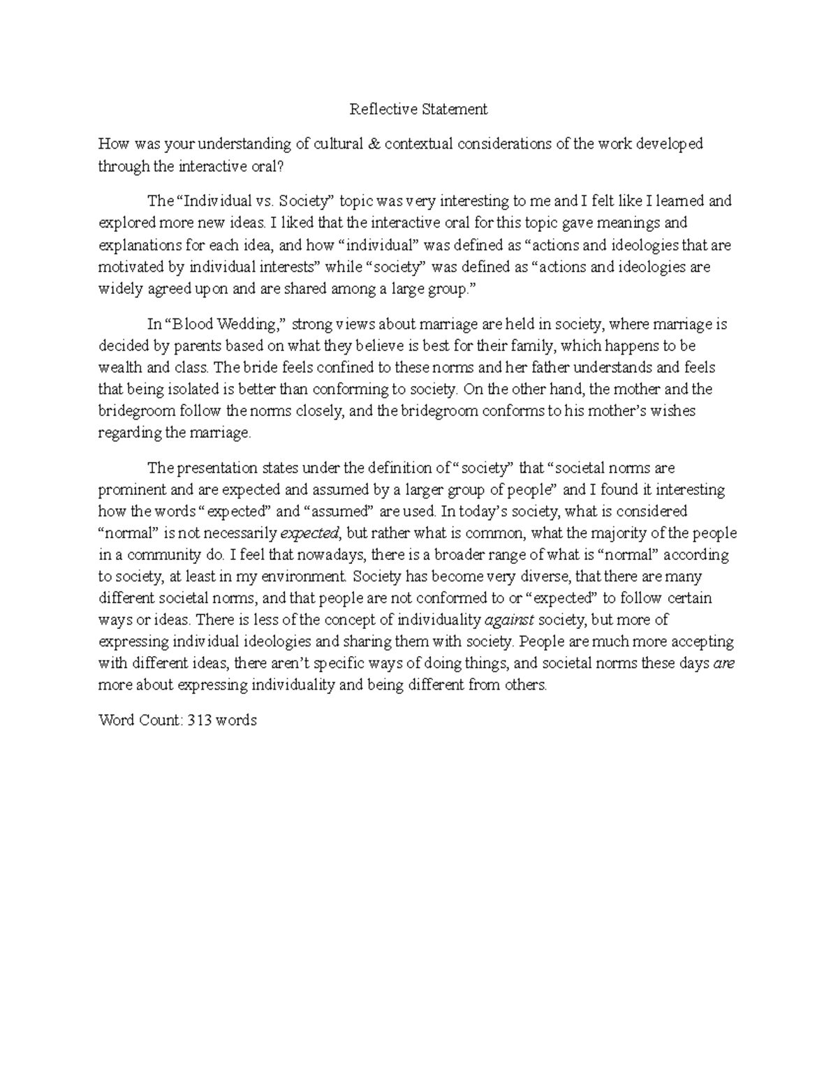 Lorca Reflective Statement - Reflective Statement How was your ...