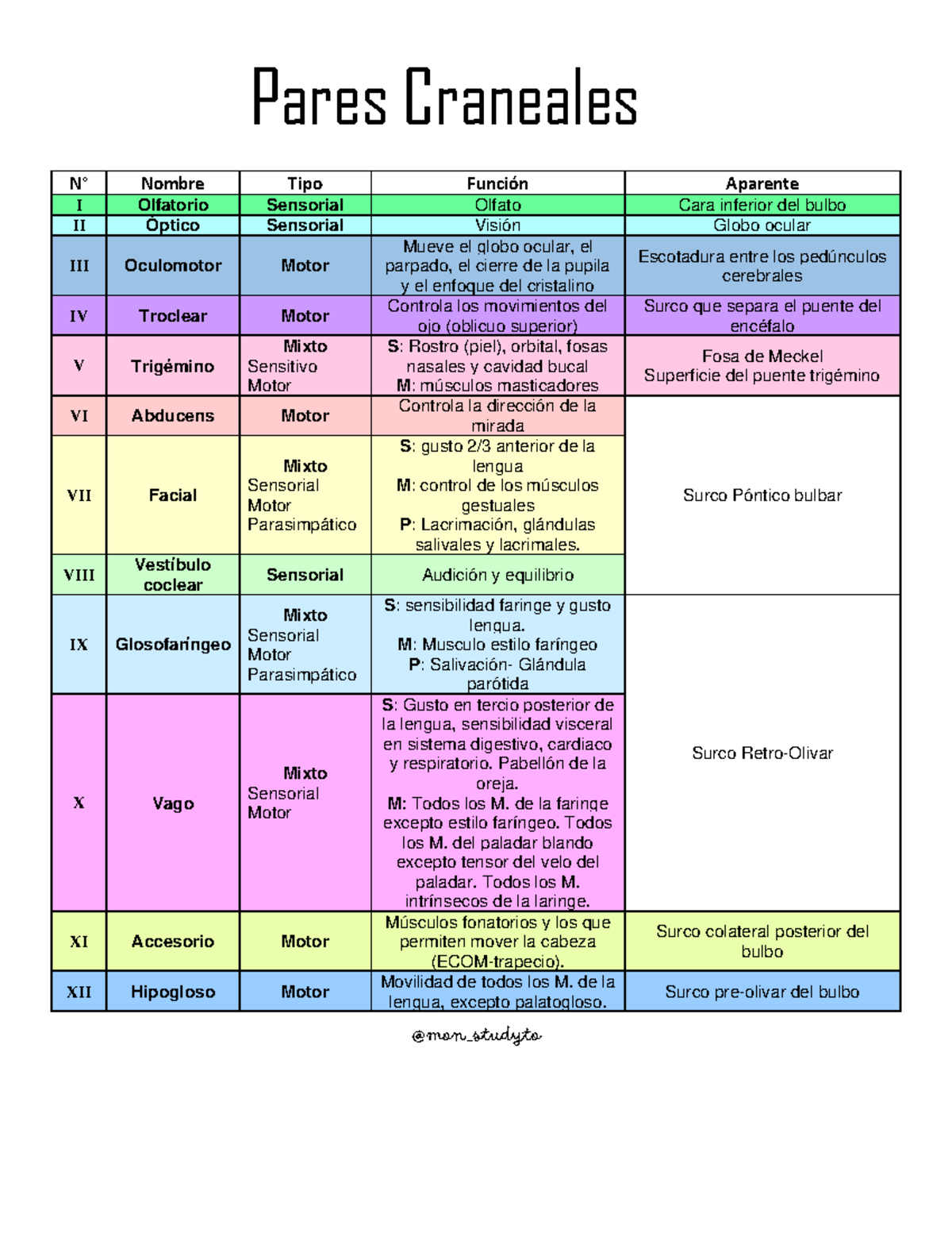 Cuadro pares craneales - N° Nombre Tipo Función Aparente I Olfatorio Sensorial Olfato Cara ...