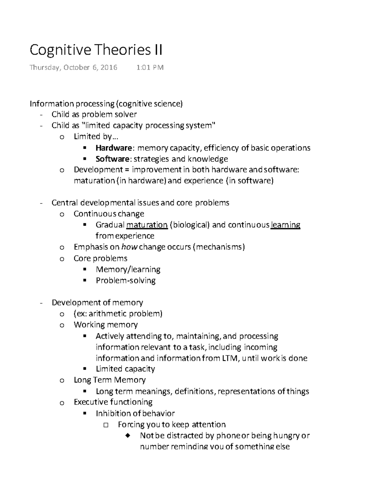 Cognitive Theories II - Jennifer Ganger Lecture notes - Cognitive ...