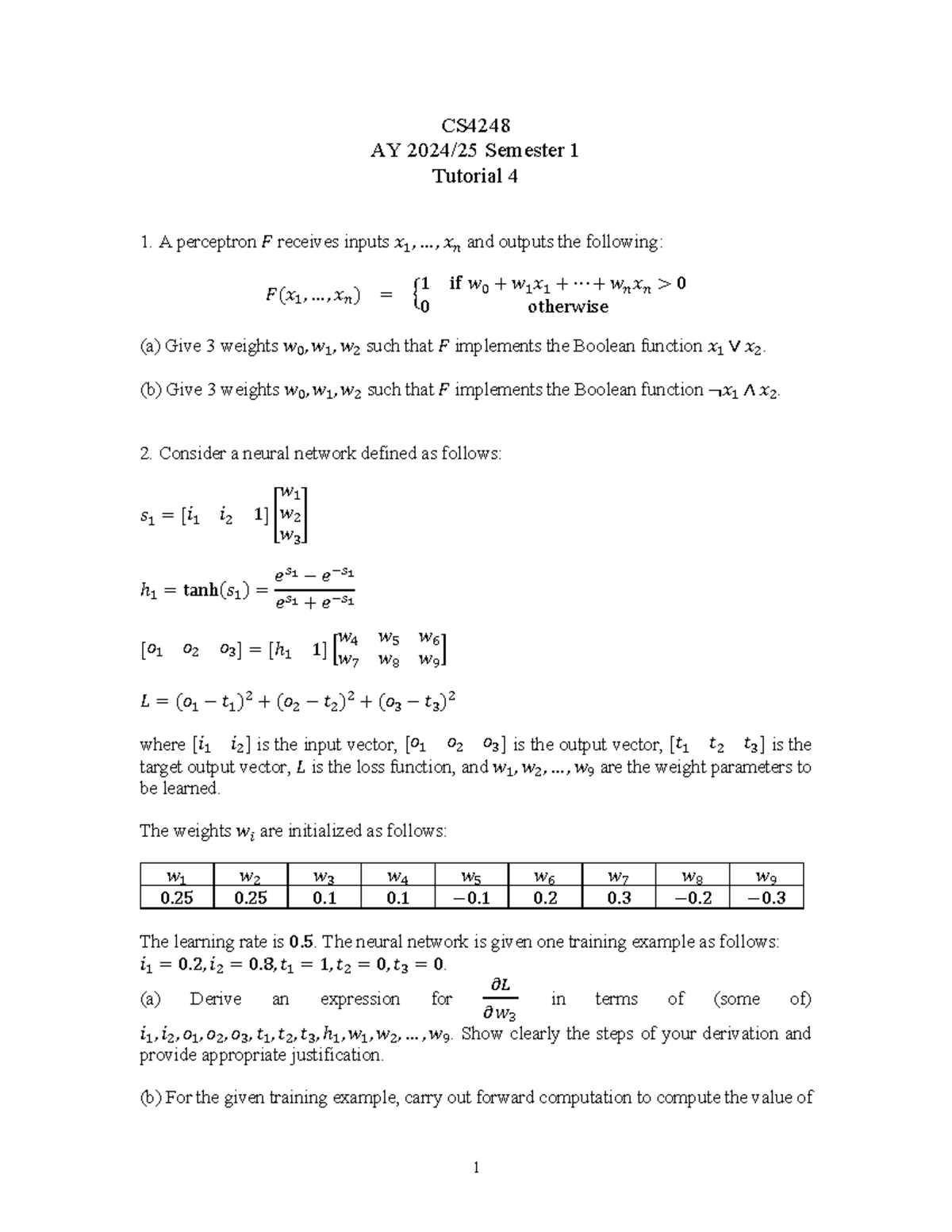 T4 - nil - 1 CS AY 2024/25 Semester 1 Tutorial 4 A perceptron 𝐹𝐹 receives inputs 𝑥𝑥 1 ...