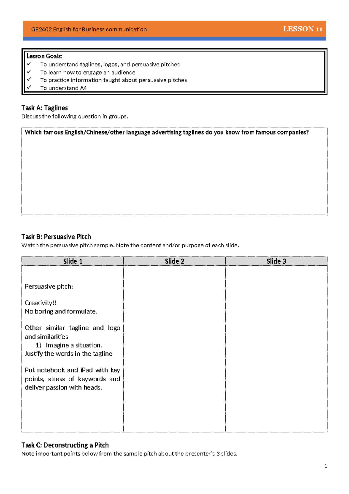 Lesson 11 Handout - Lesson Goals: To understand taglines, logos, and ...