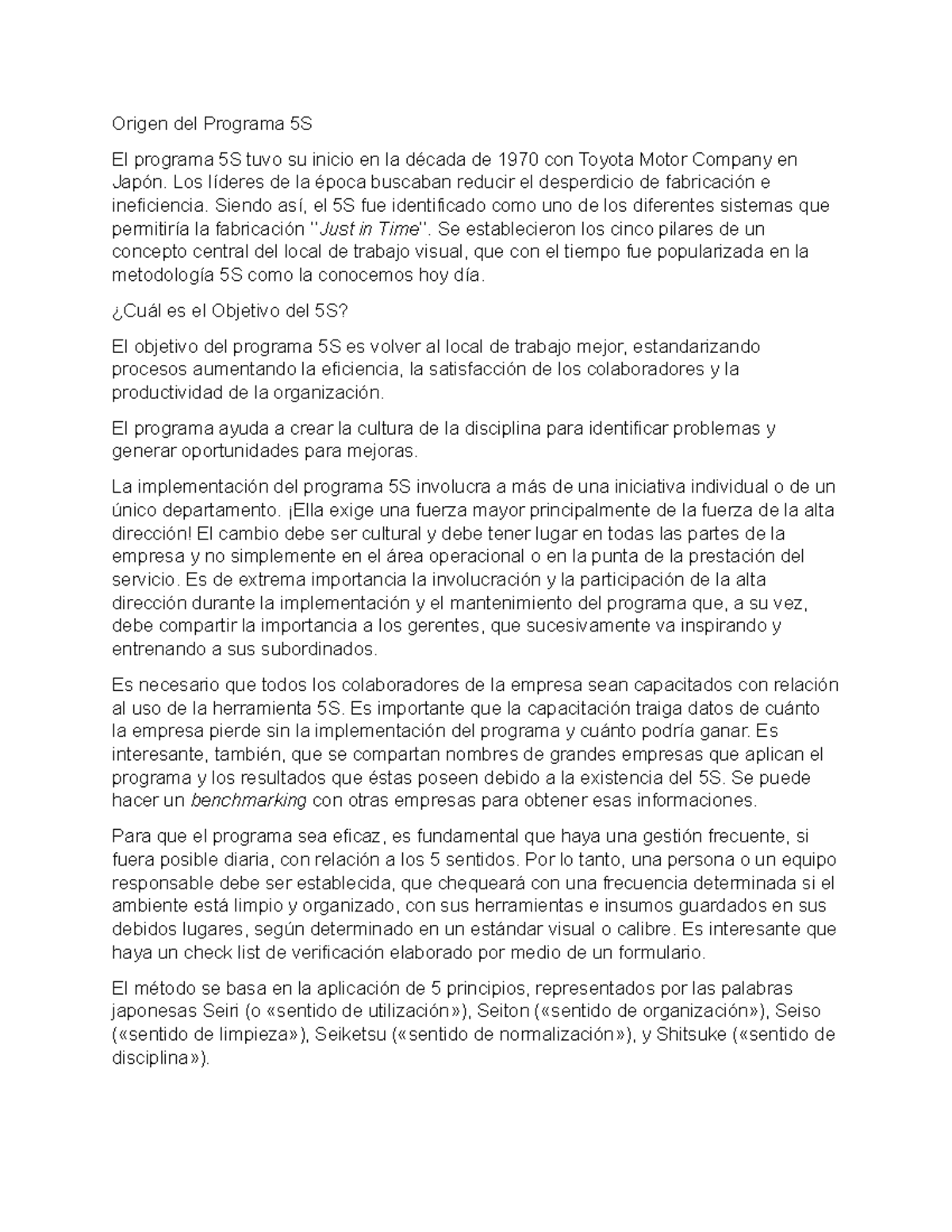 Las 5S - Las 5s - Origen del Programa 5S El programa 5S tuvo su inicio en la década de 1970 con ...