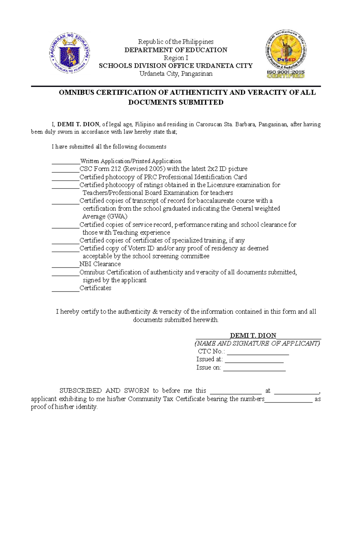 Omnibus 1 - Republic of the Philippines DEPARTMENT OF EDUCATION Region ...