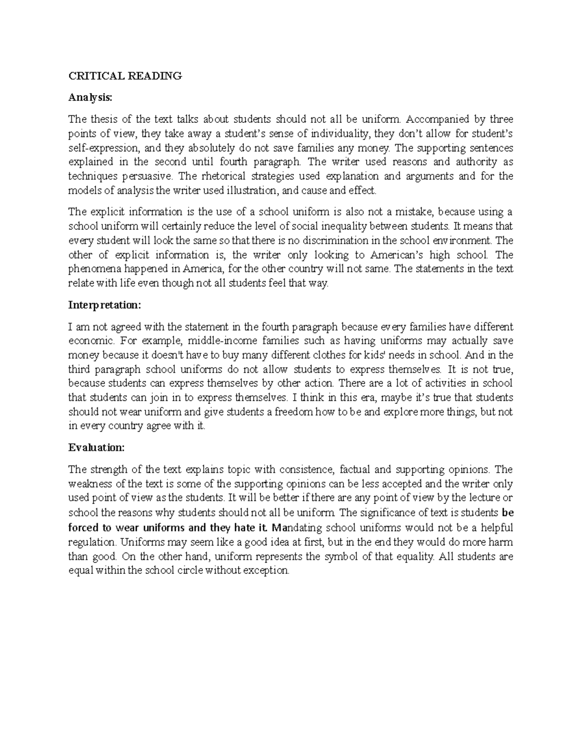 Analysis Text - Practice - CRITICAL READING Analysis: The thesis of the ...