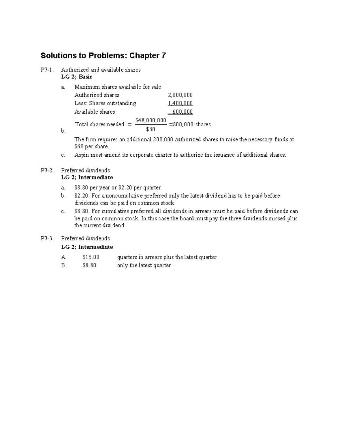 Chapter 7 stocks Solutions - Solutions to Problems: Chapter 7 P7-1. Authorized and available ...