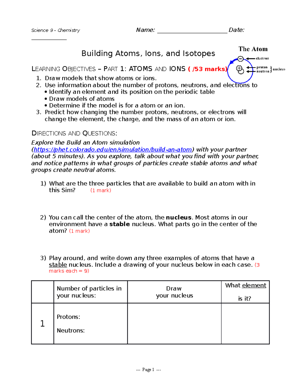 Atoms Ions and Isotopes SIM Activity - Science 9 – Chemistry Name