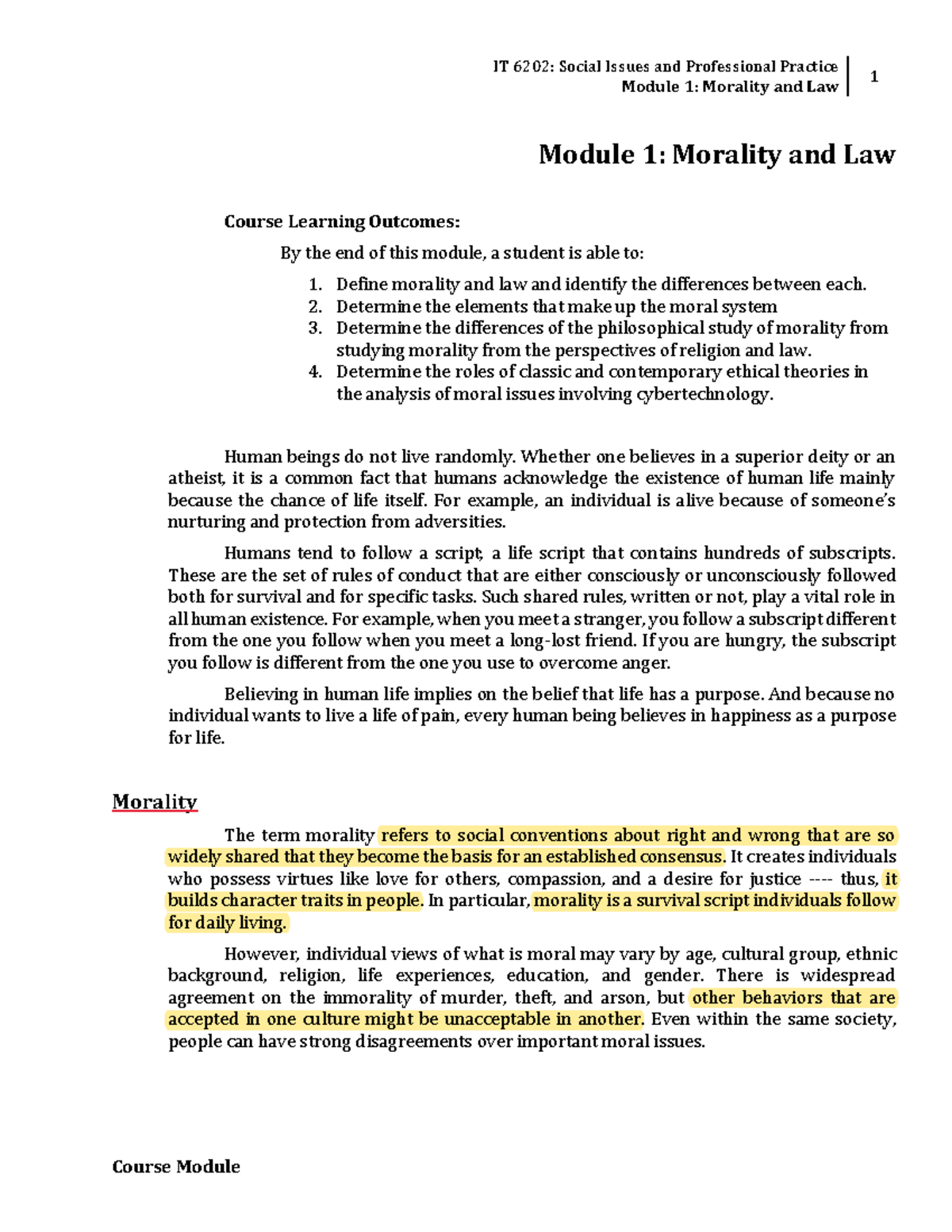 W1 - Morality and Law - Module - Module 1: Morality and Law 1 Module 1 ...