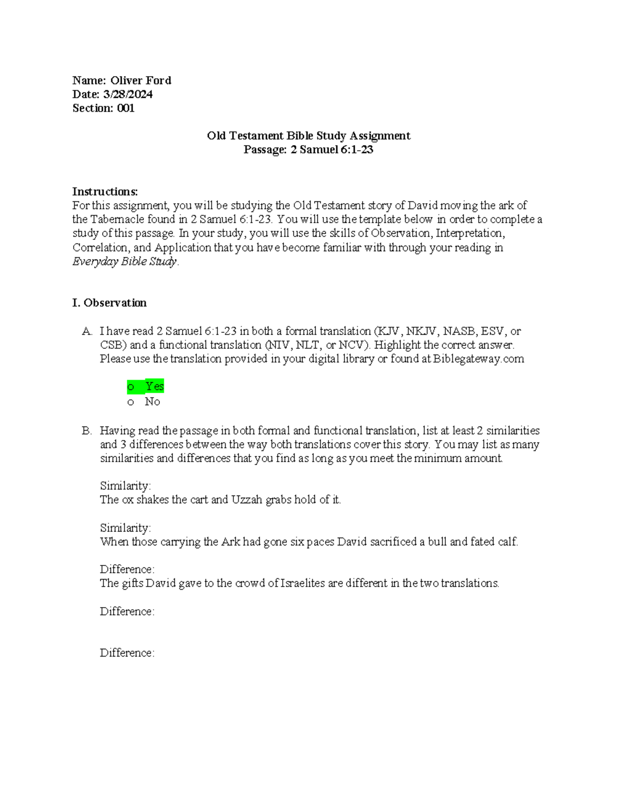 BIBL 105 Old Testament Bible Study Assignment Oliver Ford - Name ...