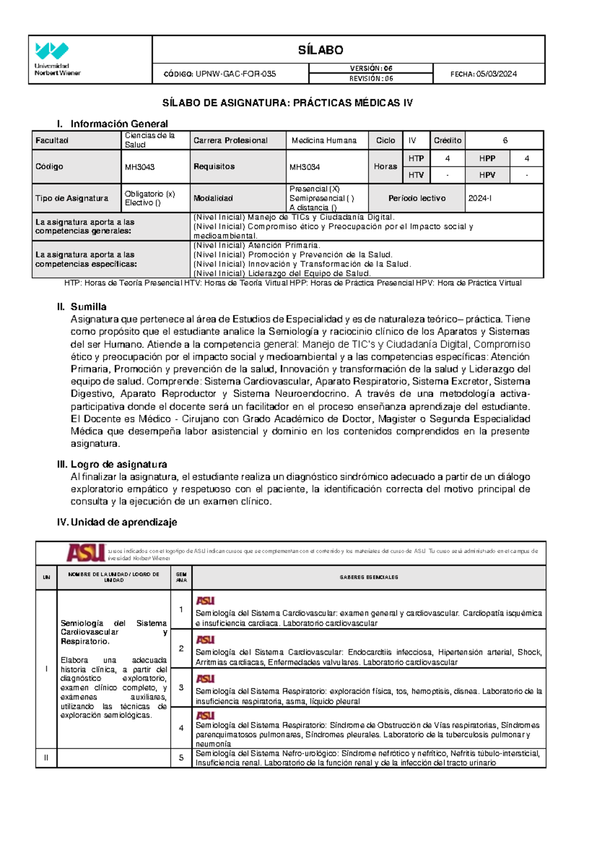 Prácticas Médicas IV temario - SÍLABO CÓDIGO: UPNW-GAC-FOR- 035 VERSIÓN ...