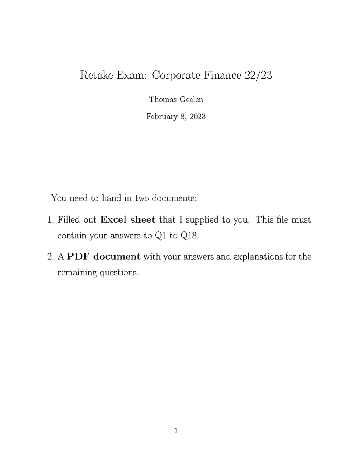 Retake exam 2022 - Retake Exam: Corporate Finance 22/ Thomas Geelen ...