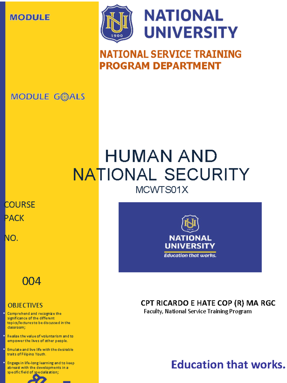Wk4 NSTP1 Human and National Security Hate - NATIONAL SERVICE TRAINING PROGRAM DEPARTMENT COURSE ...