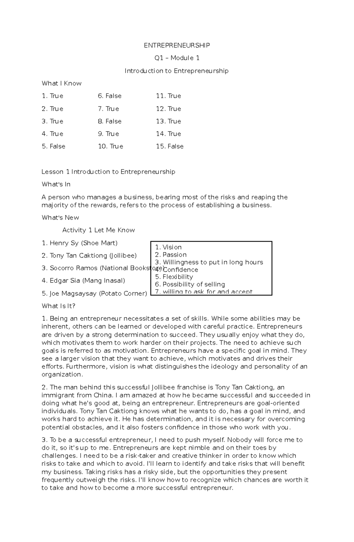 Entrep-Q1 W1 - answered - ENTREPRENEURSHIP Q1 – Module 1 Introduction ...