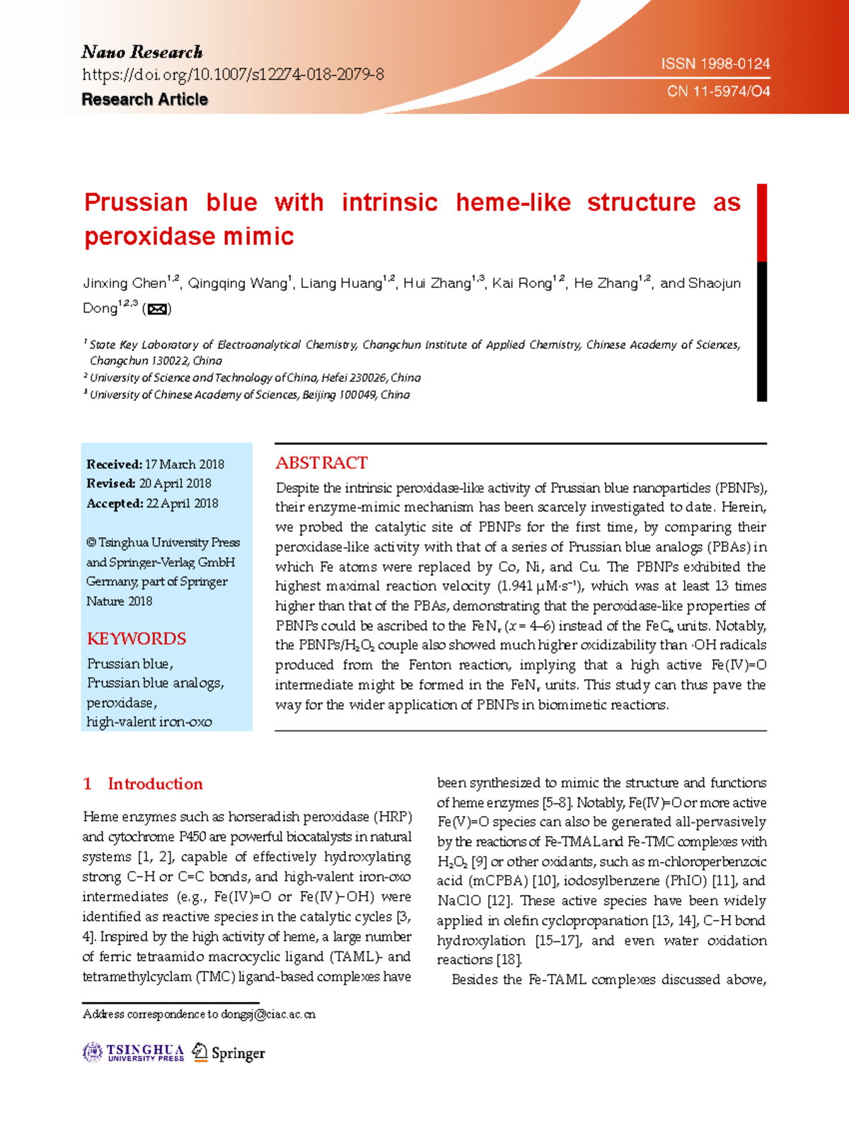 Prussian blue with intrinsic heme-like structure as peroxidase mimic ...