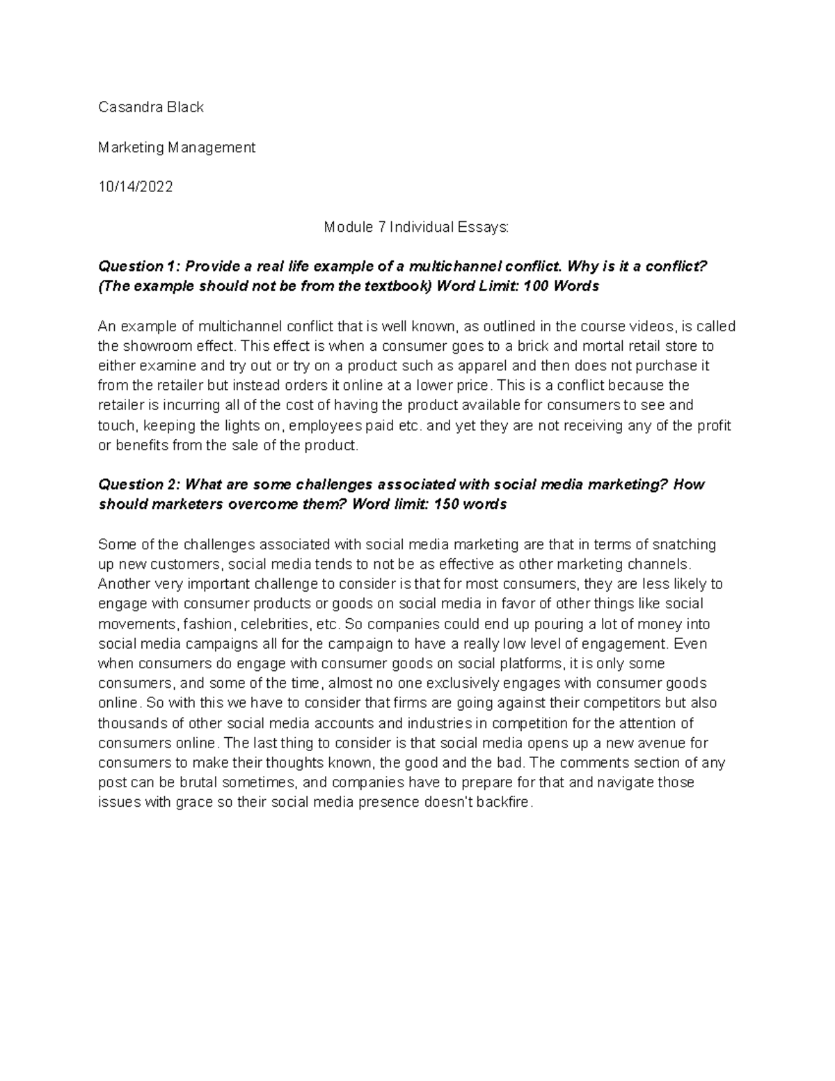Marketing Management Module 7 Individual Essays - Casandra Black ...