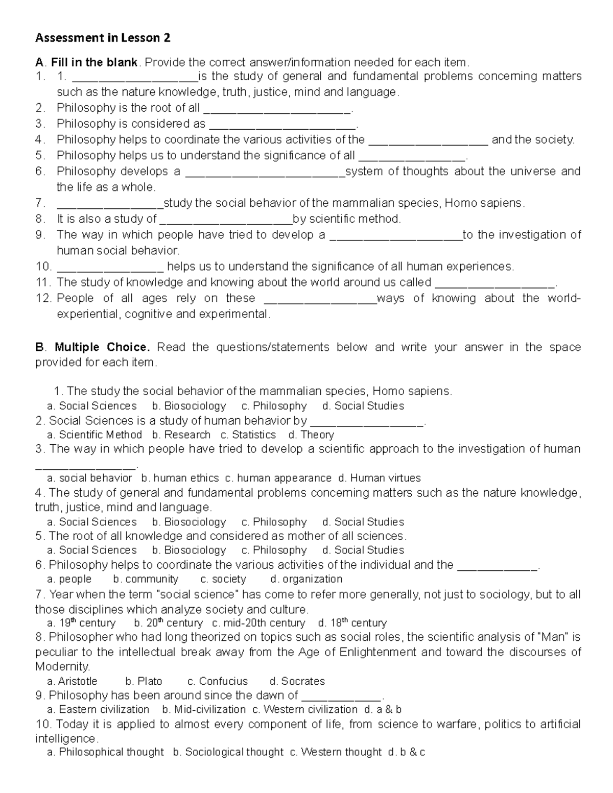 Assessment in Lesson 2-Soc.Sci.and Philosophy - Assessment in Lesson 2 ...