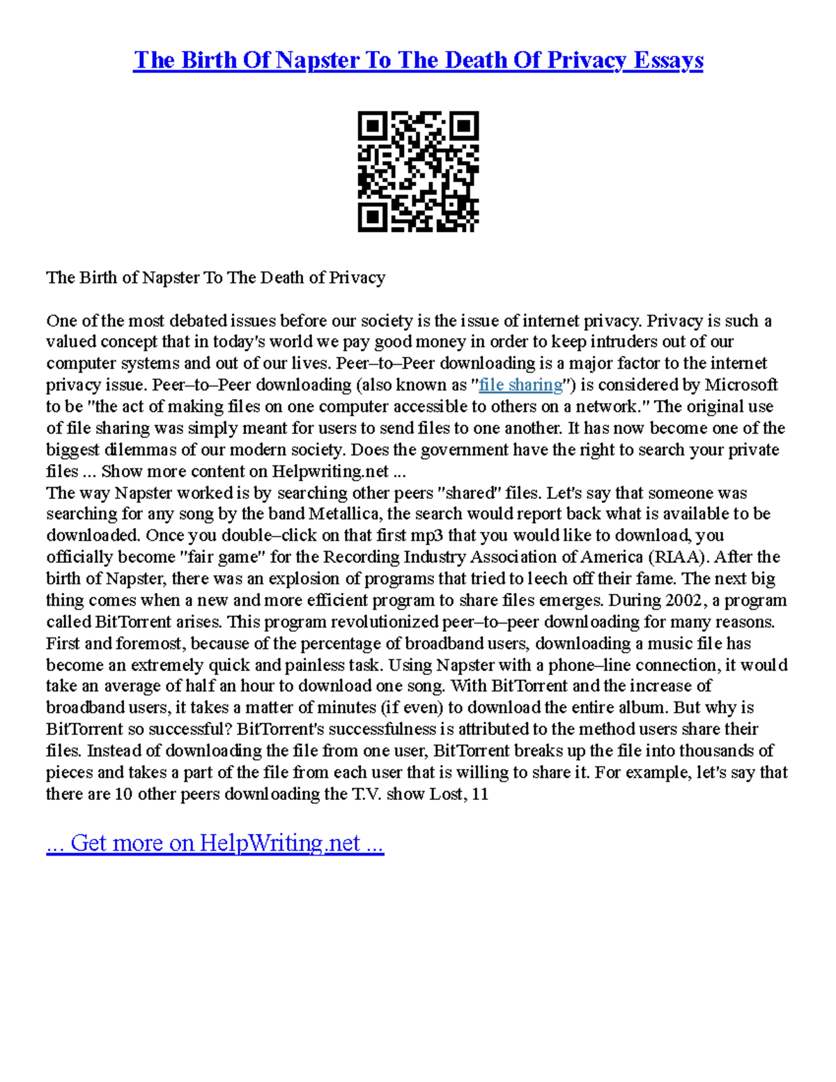 The Birth Of Napster To The Death Of Privacy Essays - Privacy is such a ...