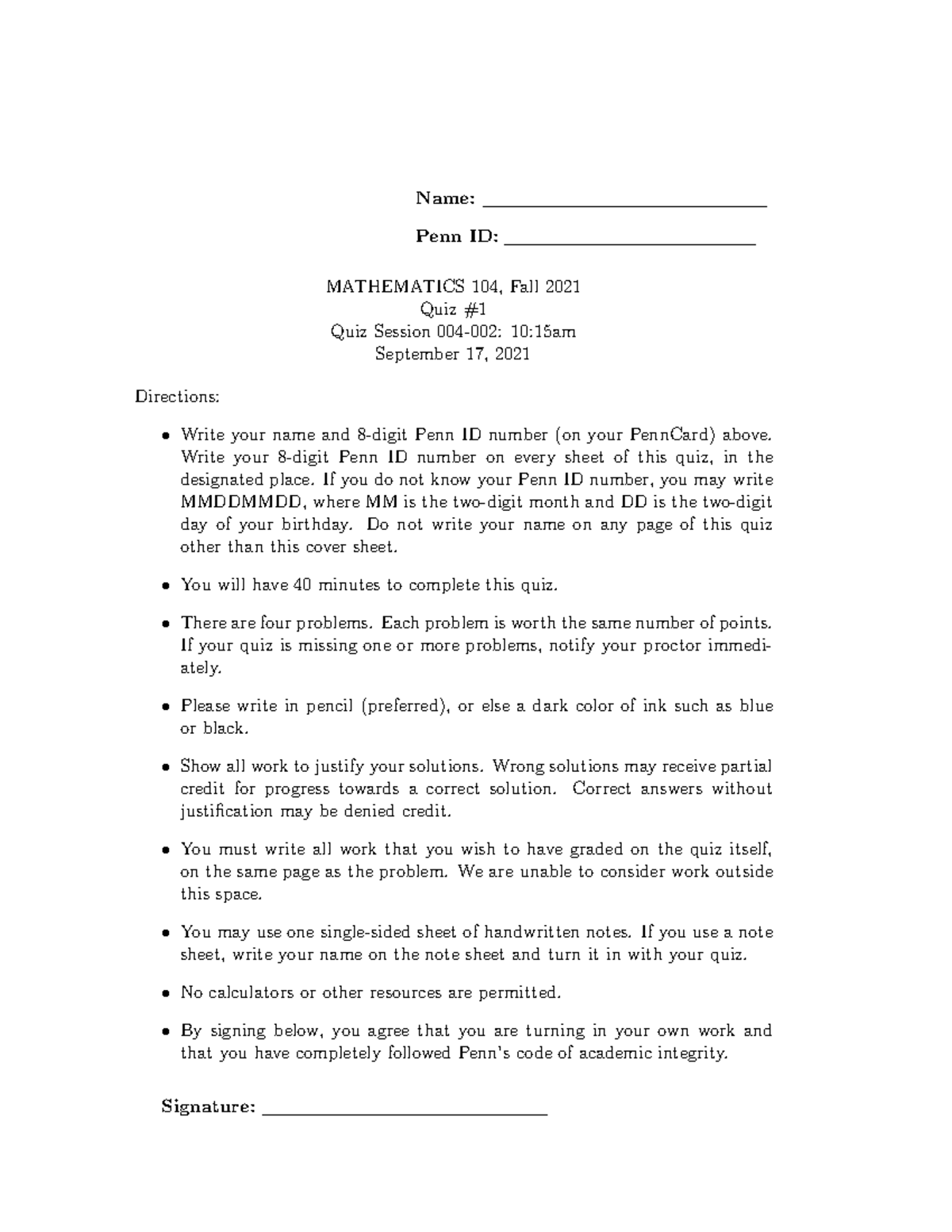 MATH 104 Quiz1 Solutions with Practice - Name: Penn ID: MATHEMATICS 104 ...
