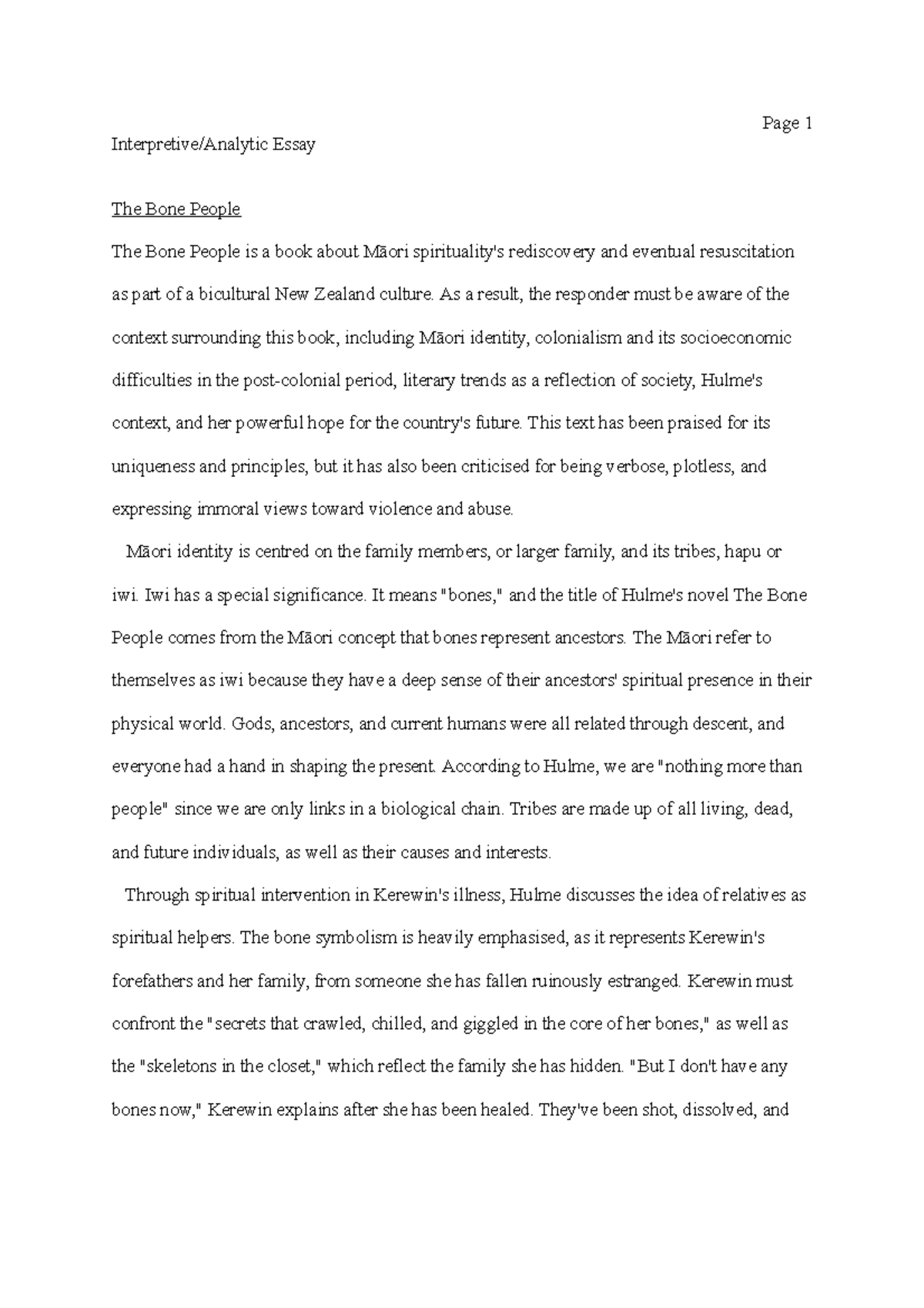 Bone People - yah - Interpretive/Analytic Essay The Bone People The ...