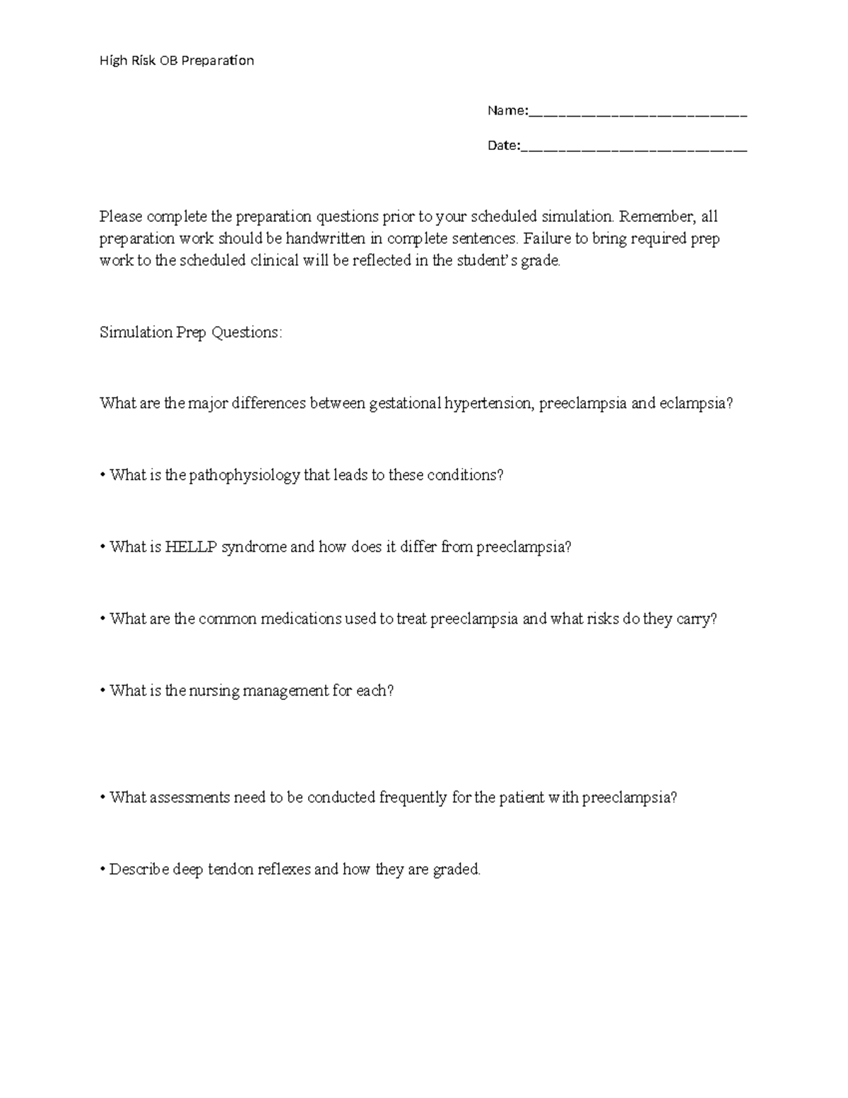 High risk OB - Prep questions 2024 - High Risk OB Preparation Name