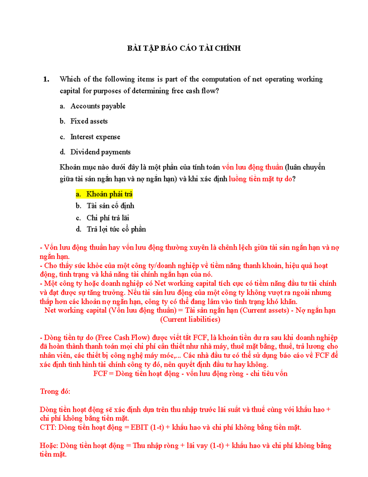 Bài tập PTTC - Phần BCTC - Phân tích tài chính - BÀI TẬP BÁO CÁO TÀI ...