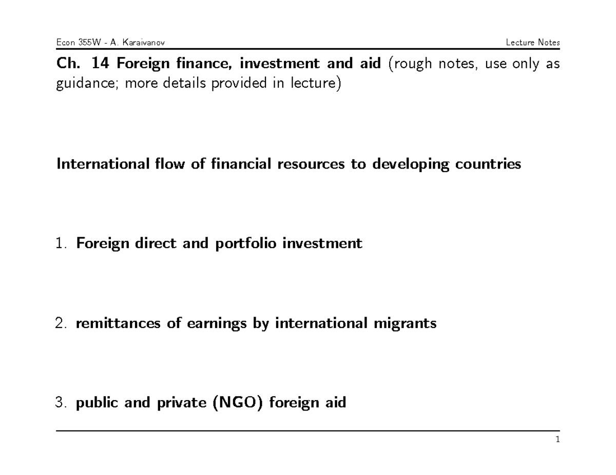 Ch14notes - Econ 355W - A. Karaivanov Lecture Notes Ch. 14 Foreign ...