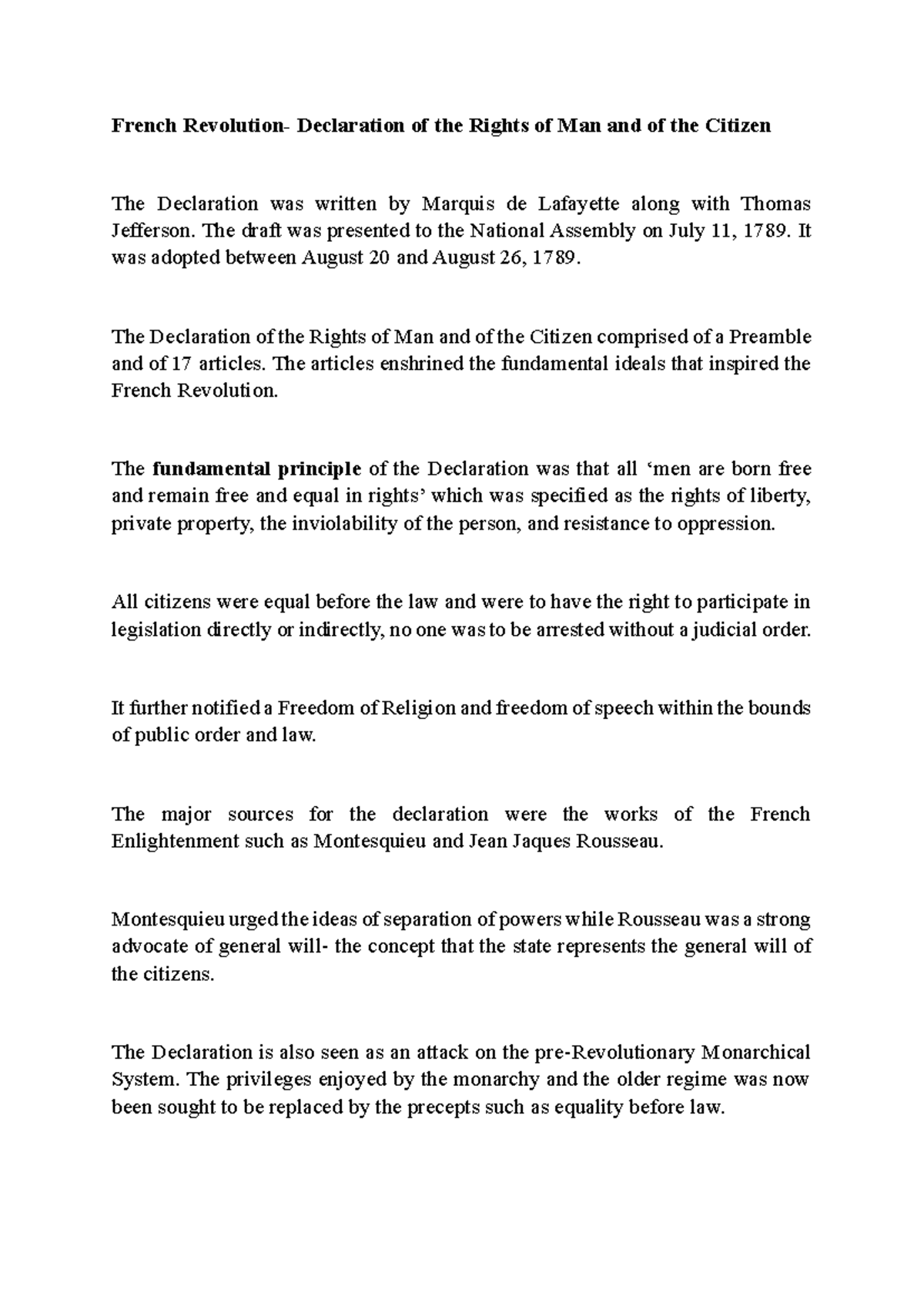 French Revolution - Declaration - The draft was presented to the ...