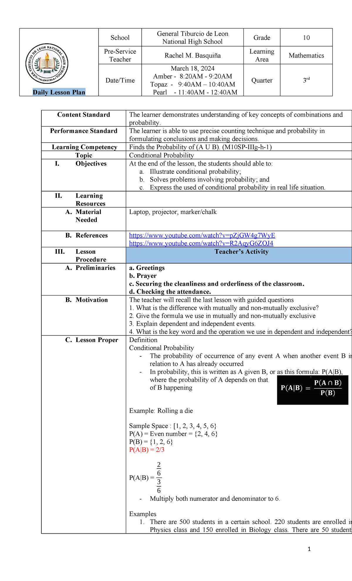 Conditional Probability - Content Standard The learner demonstrates ...