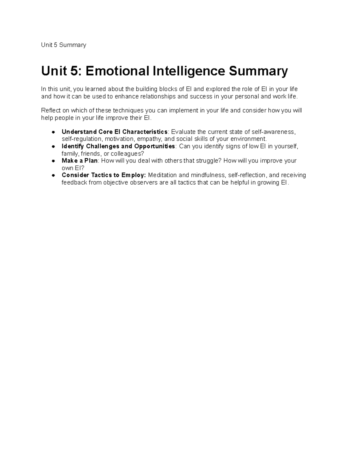 Unit 5 Summary - d072 - Unit 5 Summary Unit 5: Emotional Intelligence ...