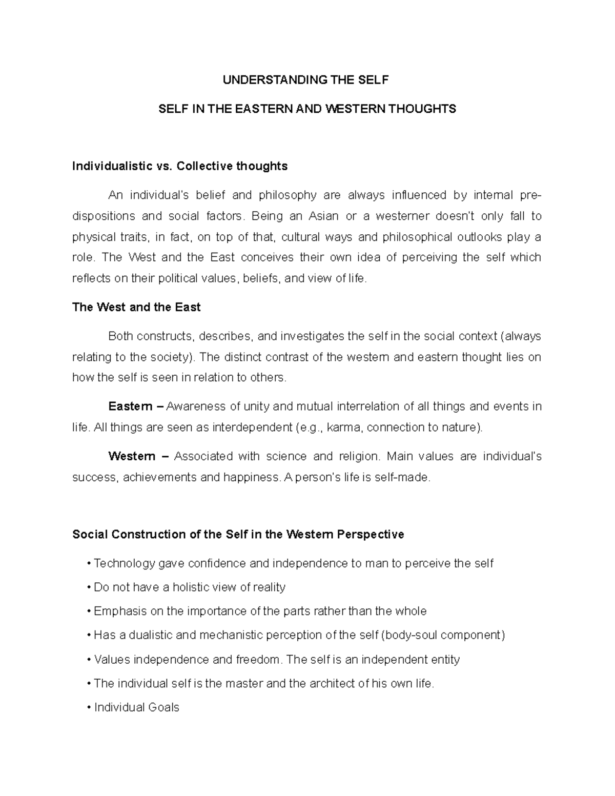 SELF IN THE Eastern AND Western Thoughts - Understanding the Self ...