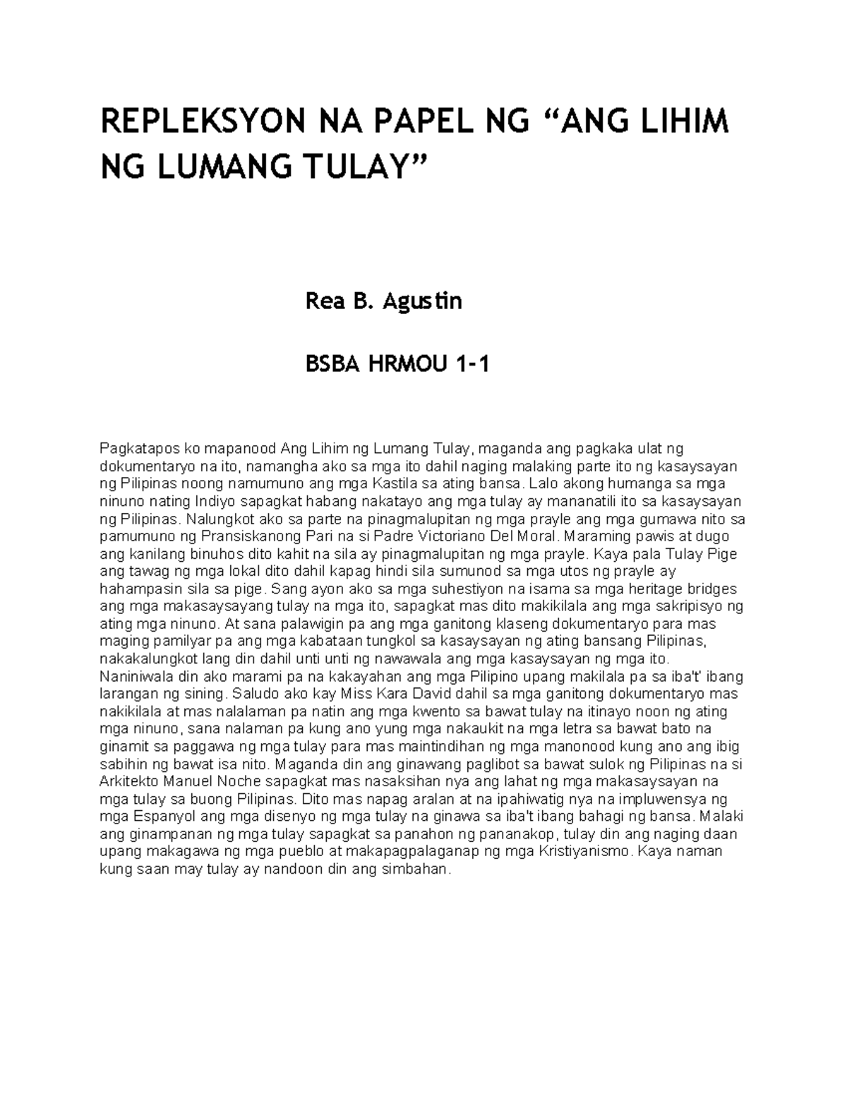 Reflection Paper ANG Lihim NG Lumang Tulay - REPLEKSYON NA PAPEL NG ...
