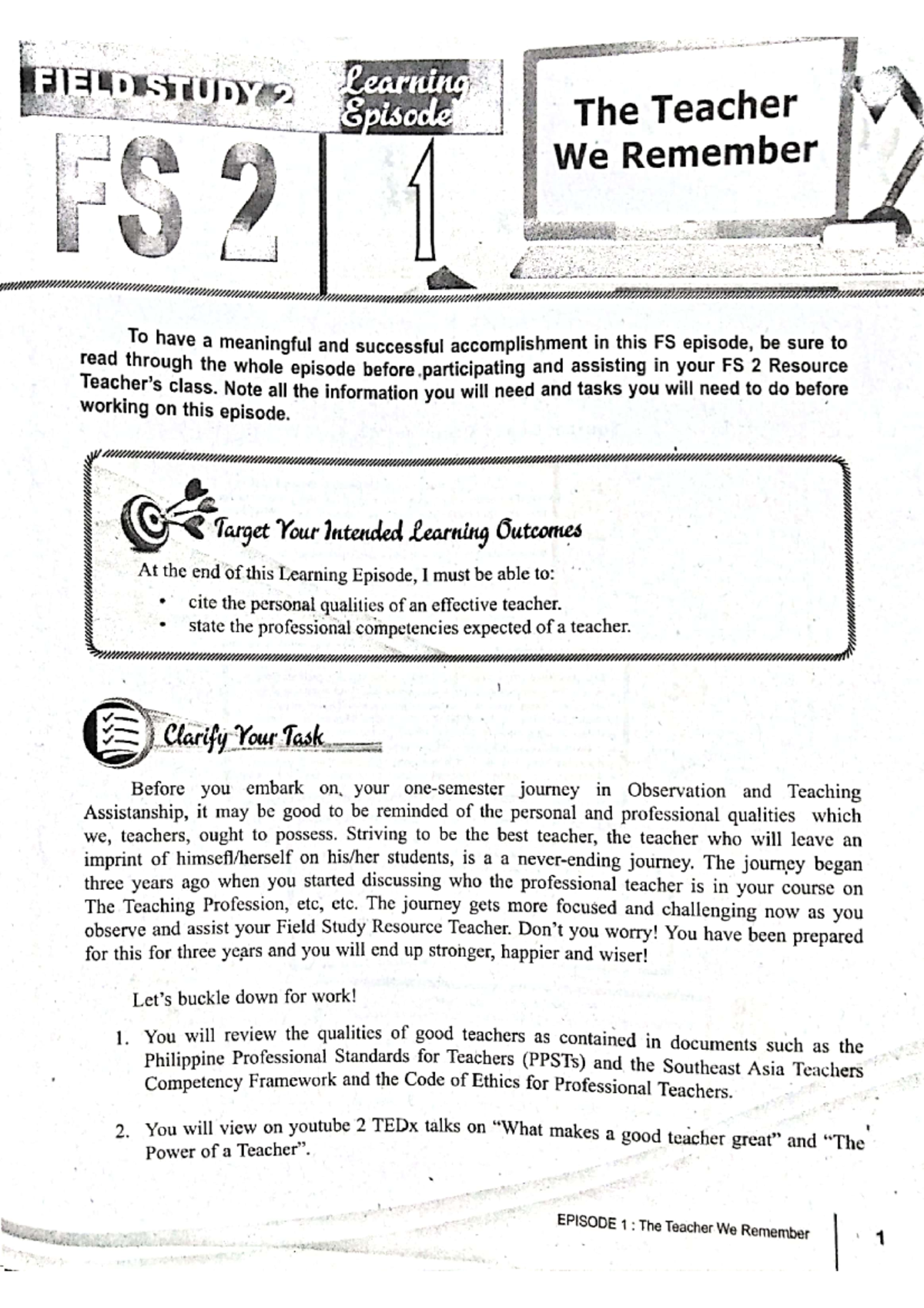 FS-2-Ep - FS 2 EP1 Learning materials - FIELD STUDY Learning Episode The Teacher We Remember To ...