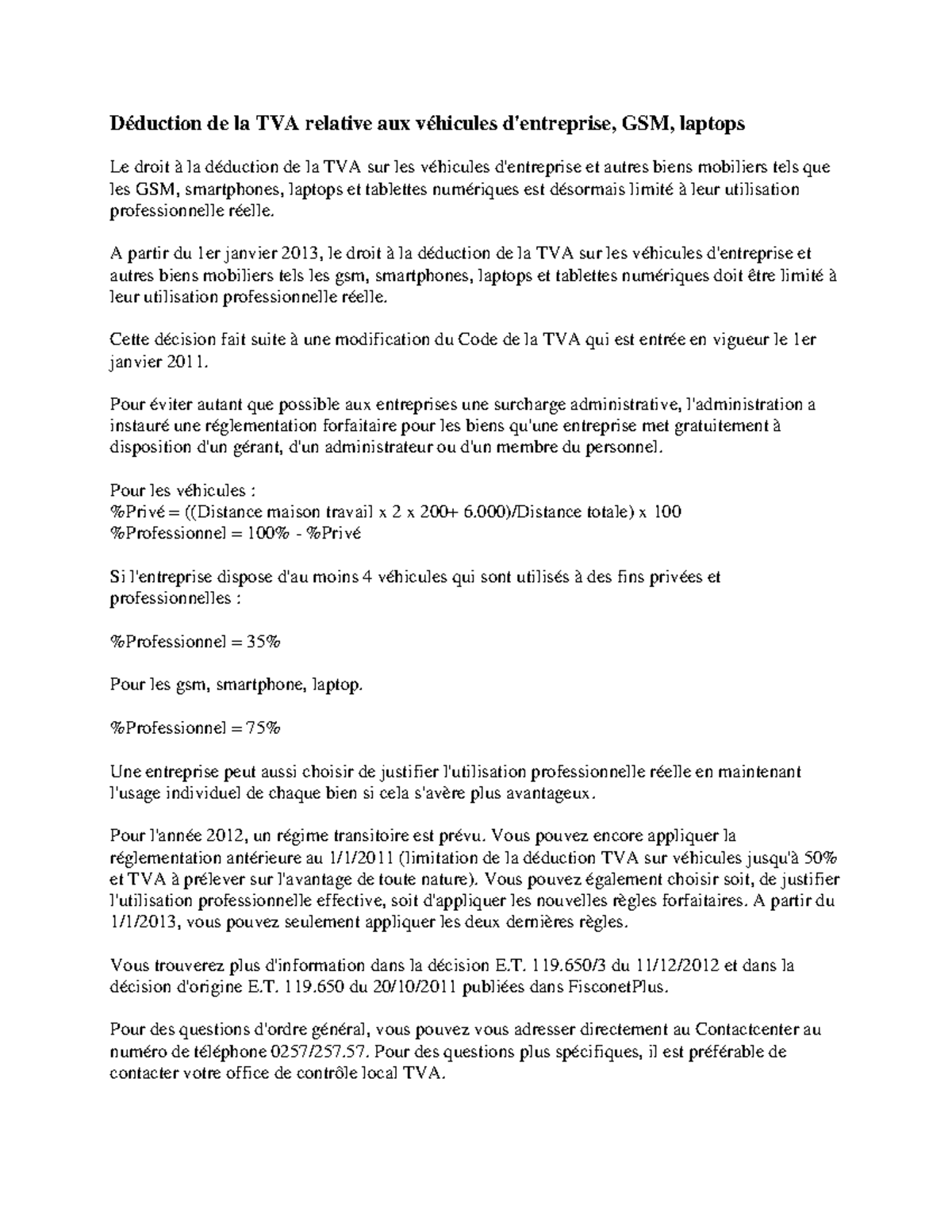 Deduction de la tva relative aux vehicules de societes gsm laptops ...