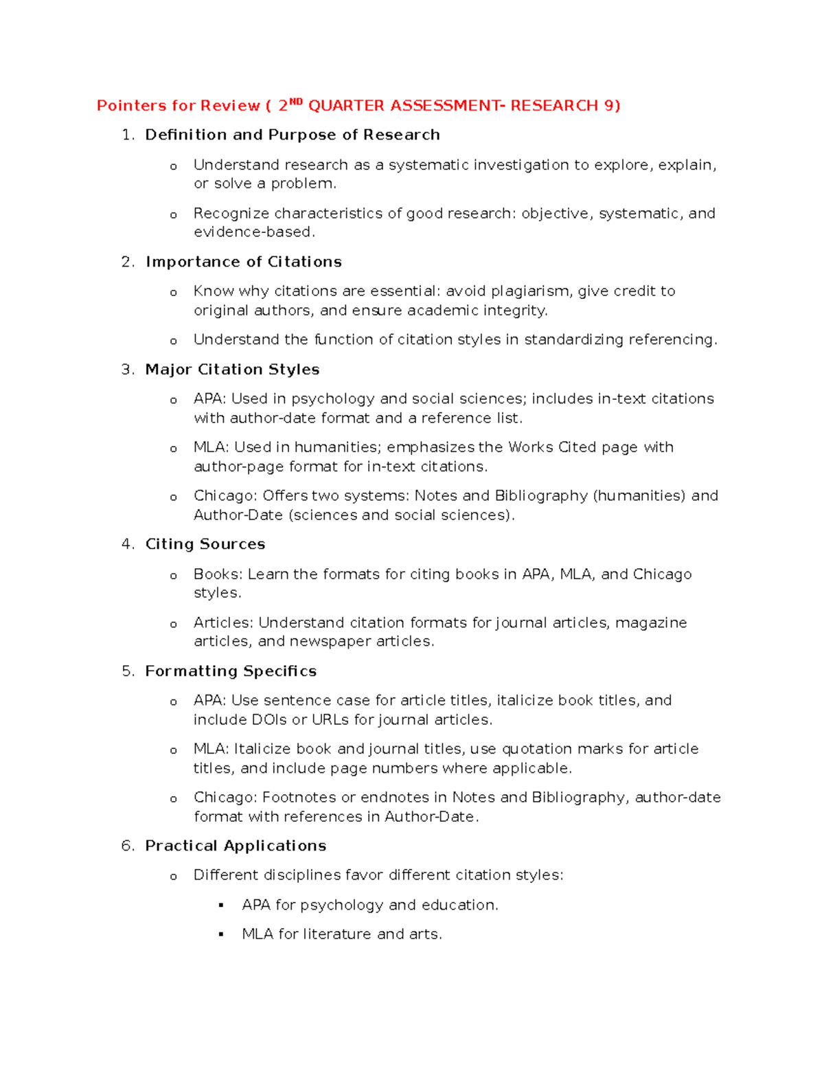 Pointers for Review 2ND Quarter Assessment Research 9 - Pointers for ...