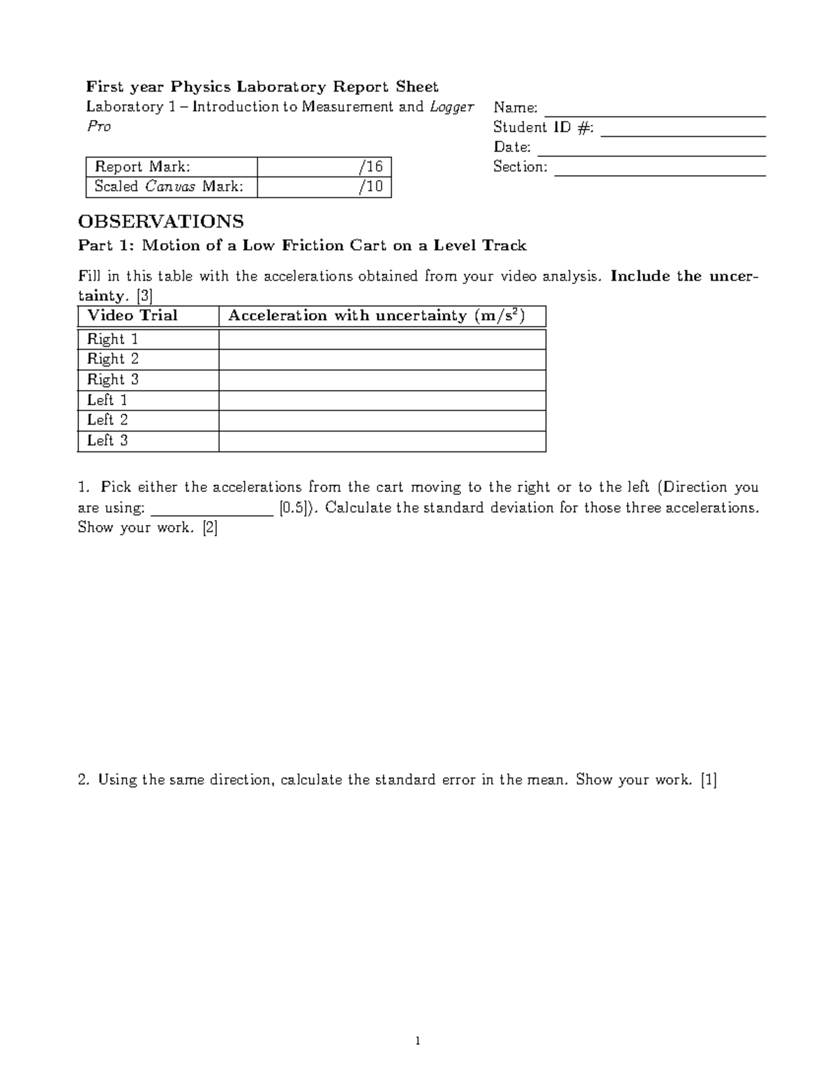 Report Sheet Questions - First year Physics Laboratory Report Sheet ...