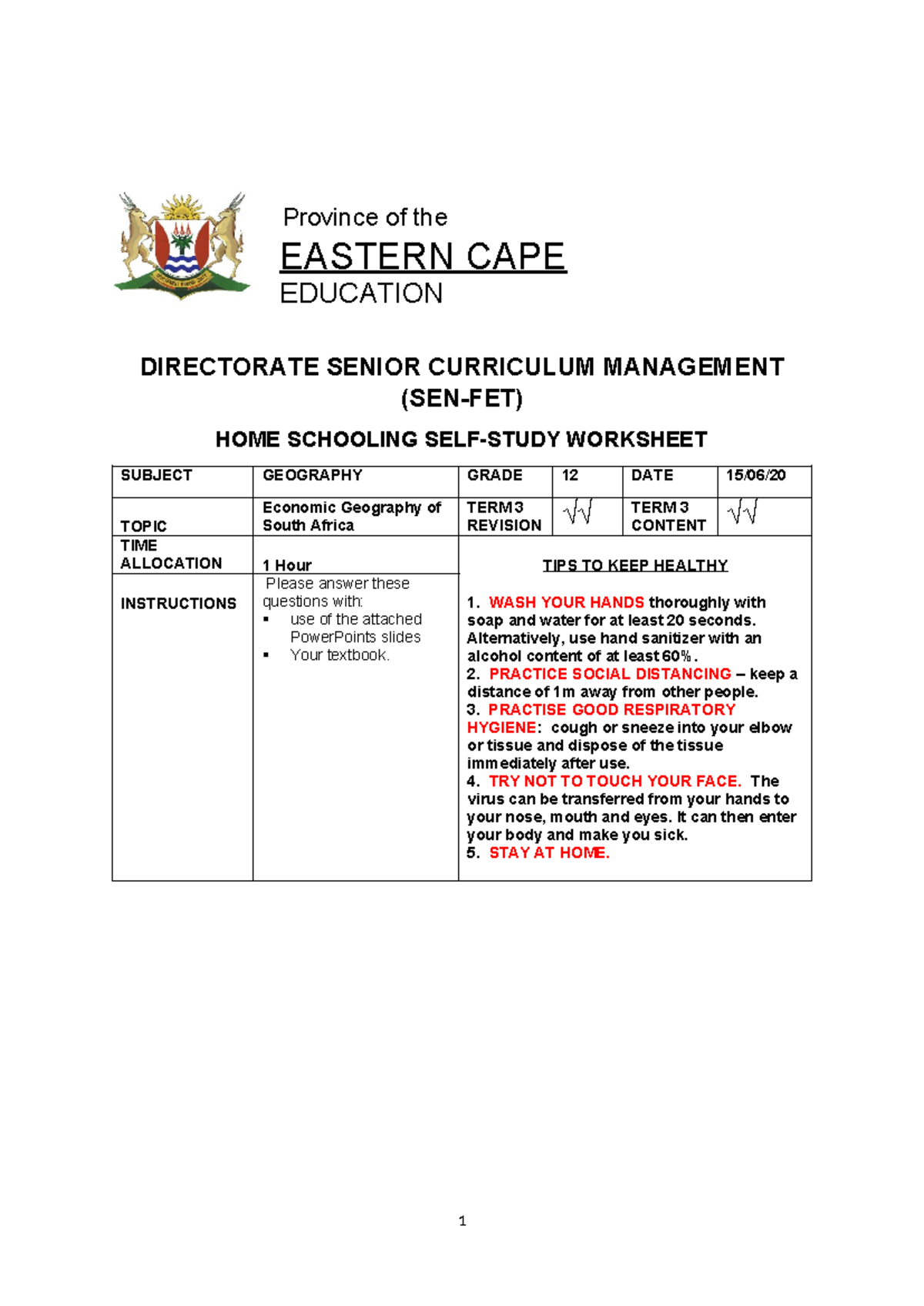 B Geography Grade 12 Economic Geography of South Africa worksheet ...