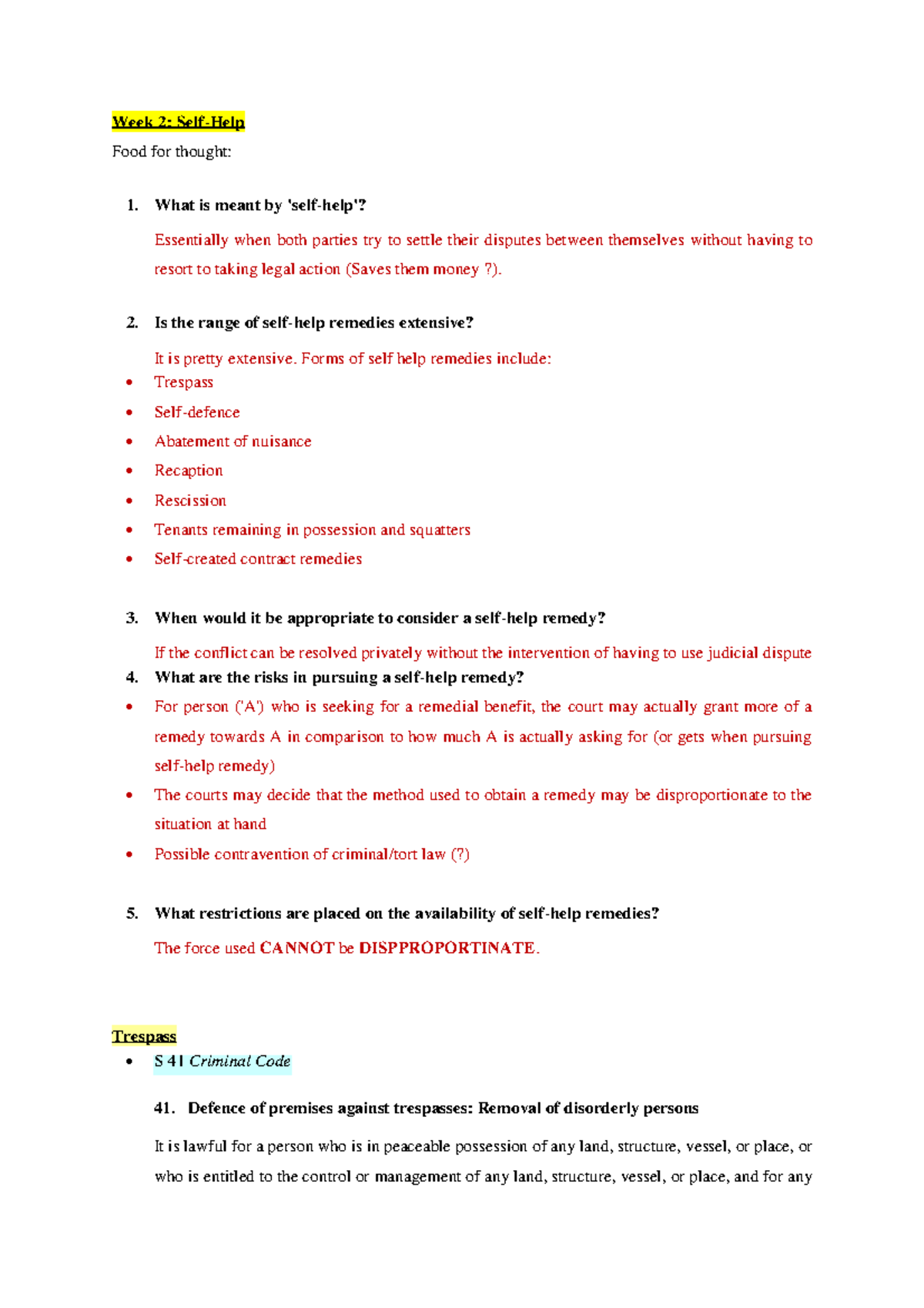 Week 2 - Summary notes for remedies regarding self-help - Week 2: Self ...