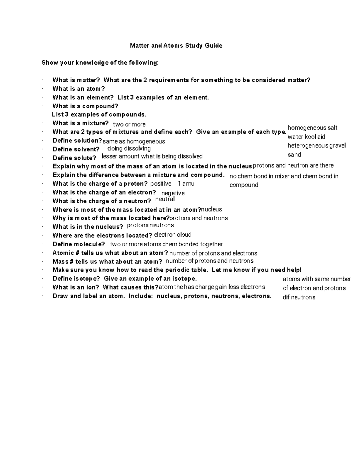 Theodore Feiss - Matter and Atoms Study Guide - Matter and Atoms Study ...