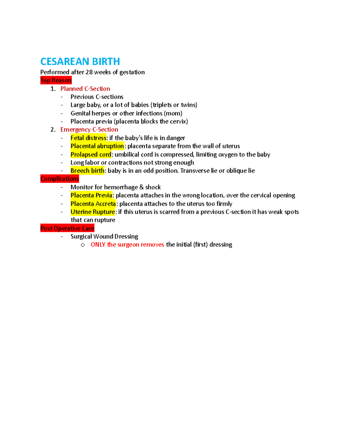 Cesarean Birth - c-section simple nursing notes - CESAREAN BIRTH ...