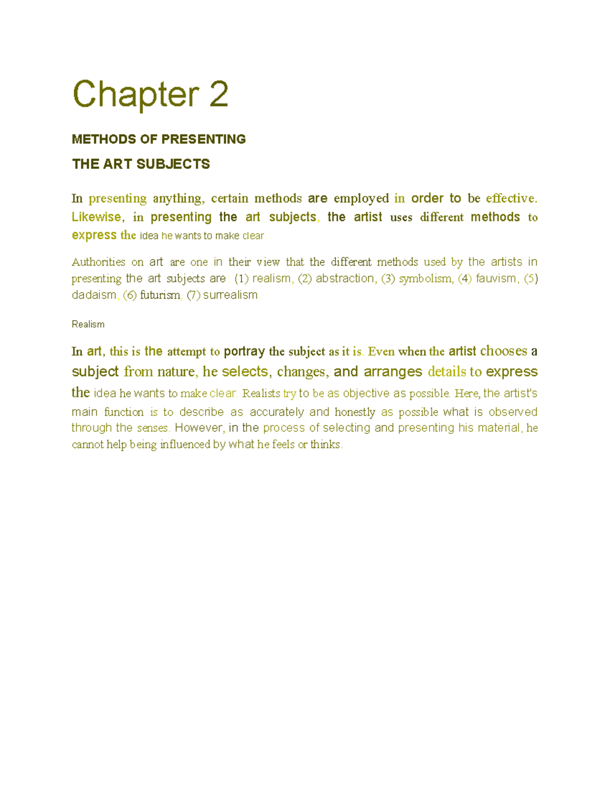 2 - Dtstcub - Chapter 2 METHODS OF PRESENTING THE ART SUBJECTS In presenting anything, certain ...