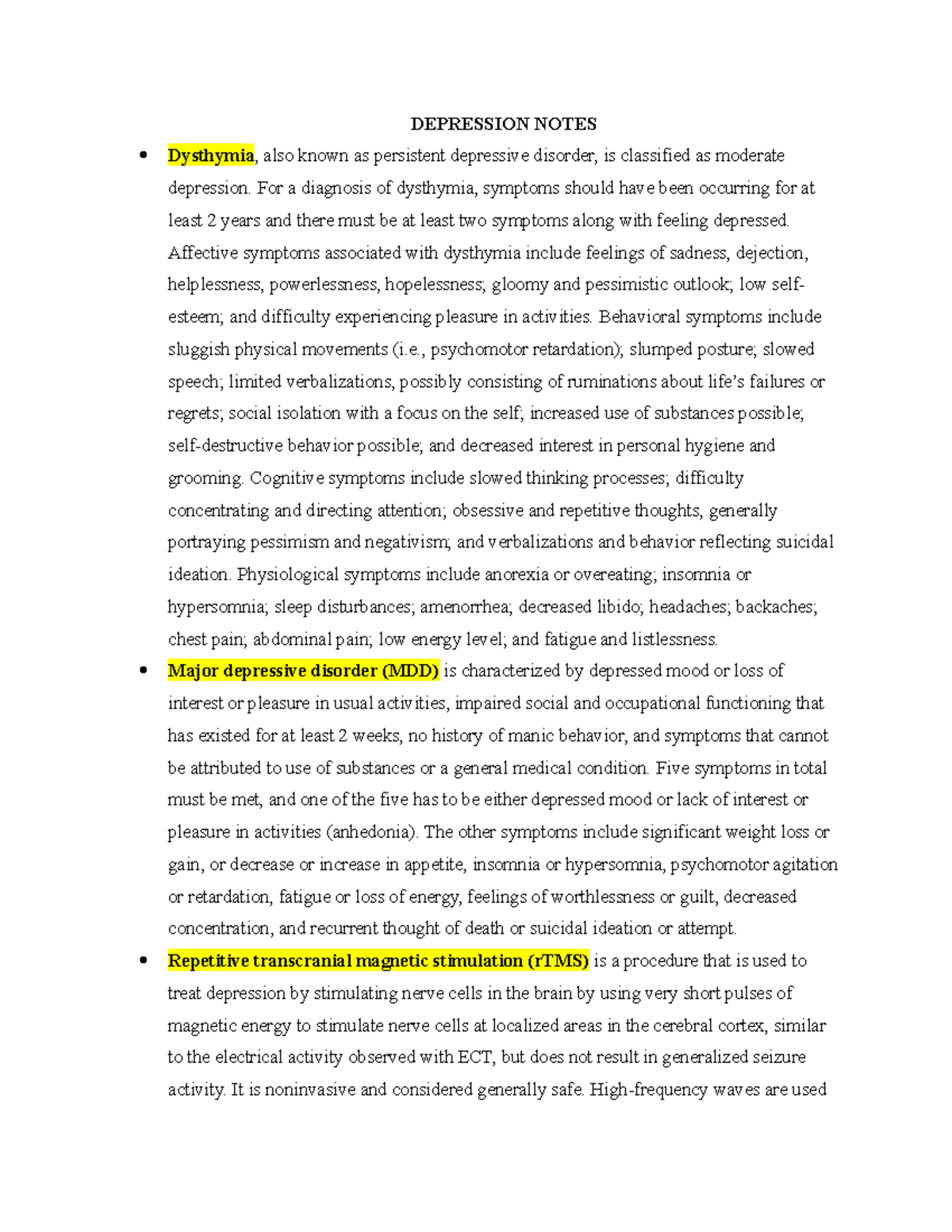 Depression notes - DEPRESSION NOTES Dysthymia, also known as persistent ...