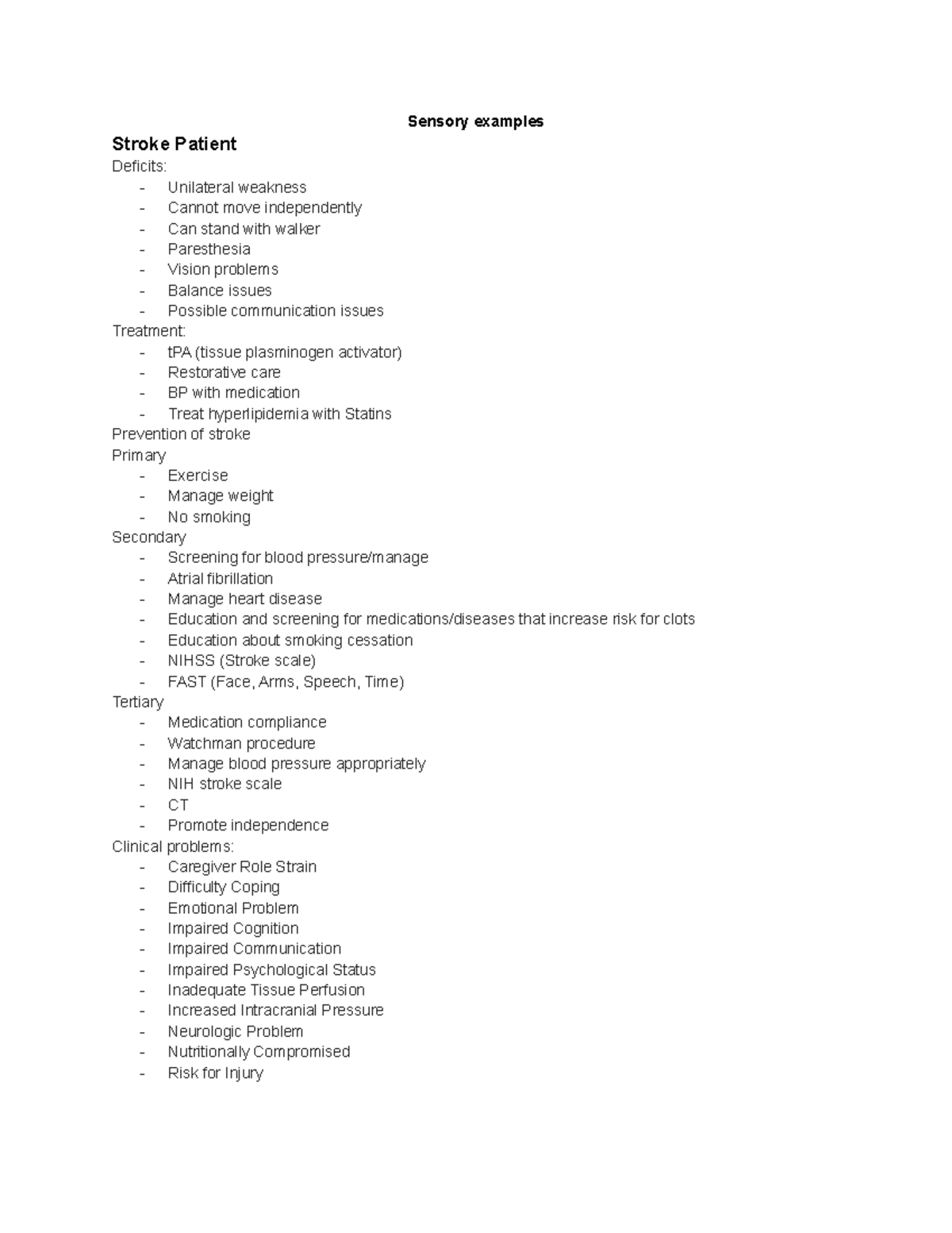 Sensory Exemplars - Sensory examples Stroke Patient Deficits ...